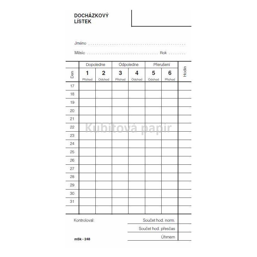 Píchačky - docházkový lístek - jednolistá (MSK č.248)
