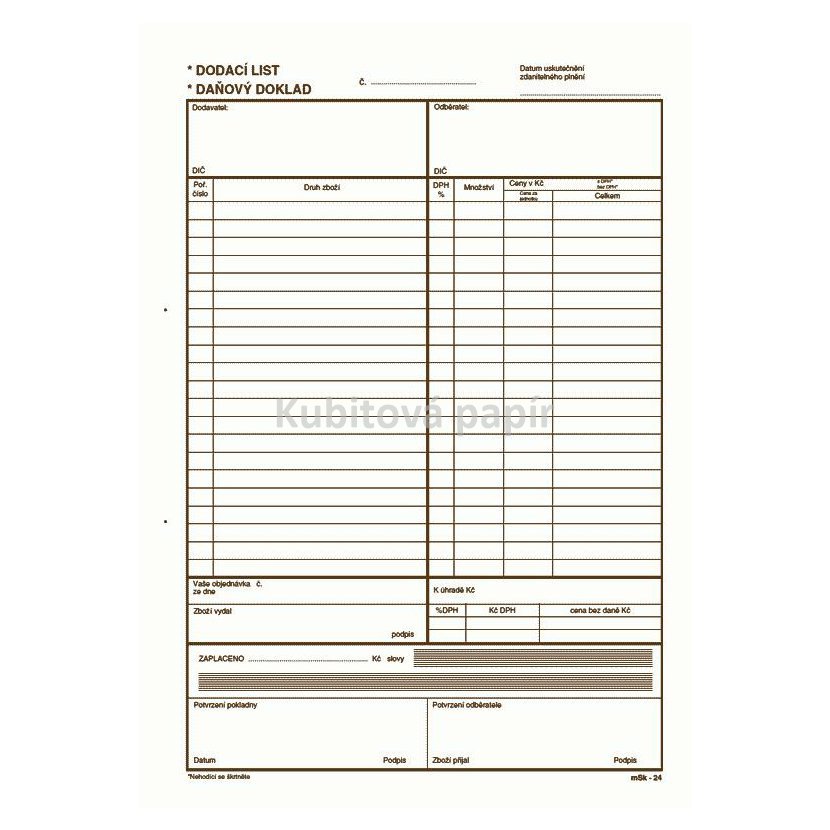 Dodací list A4 daňový doklad NCR (MSK č.24)